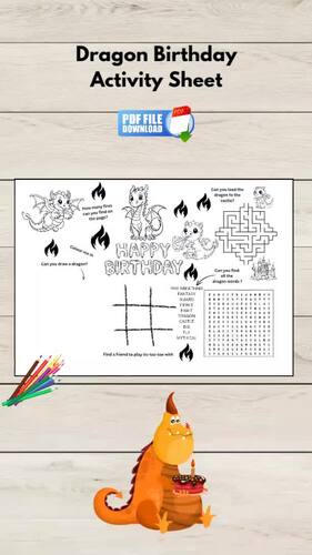 Dragon Birthday Party Printable Placemat, Activity Sheet, Coloring Page,