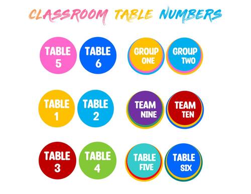 Classroom Table, Team, Group Labels, Printable table signs, Table Numbers