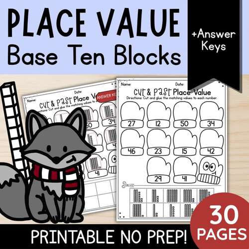 Winter Math Place Value Cut & Paste with Base Ten Blocks | 1st & 2nd Grade