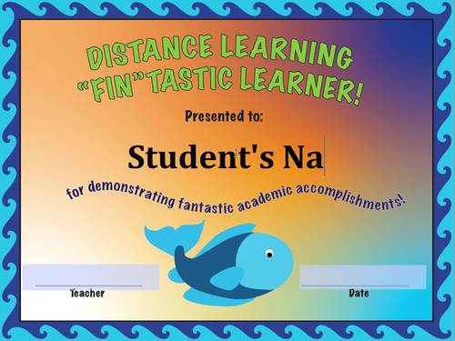 Distance Learning Certificate- "Fin"tastic Learner! Editable PDF