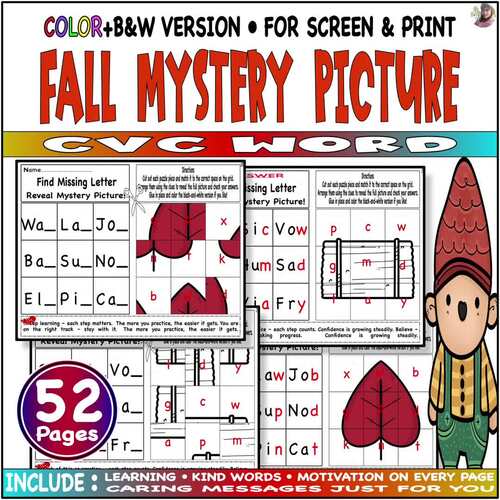 CVC Words Missing Letters | Fall Autumn Mystery Picture fun activties ...