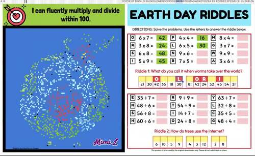 FREE Earth Day Riddles Multiplication and Division Fact Fluency Pixel Art