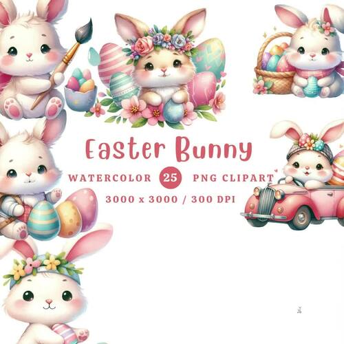 Easter Bunny Watercolor Clipart PNG by Adorable Clipart | TPT