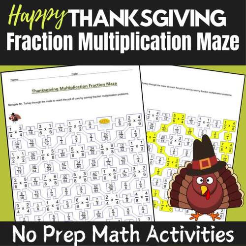 Thanksgiving Math Fraction Multiplication Maze Like & Unlike Denominators