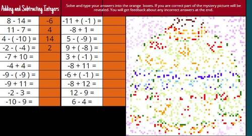 Adding and Subtracting Integers Thanksgiving Fall Math Pixel Art Activity