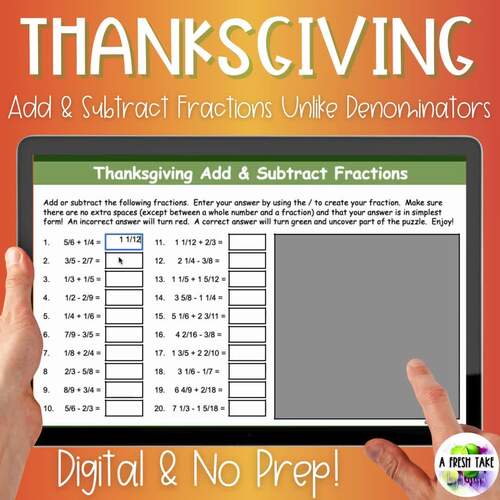 Thanksgiving Pixel Art Math Add Subtract Fractions Self-Grading Google ...