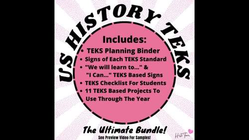 TEKS Binder, Signs, Checklists, and Projects For 8th Grade US History