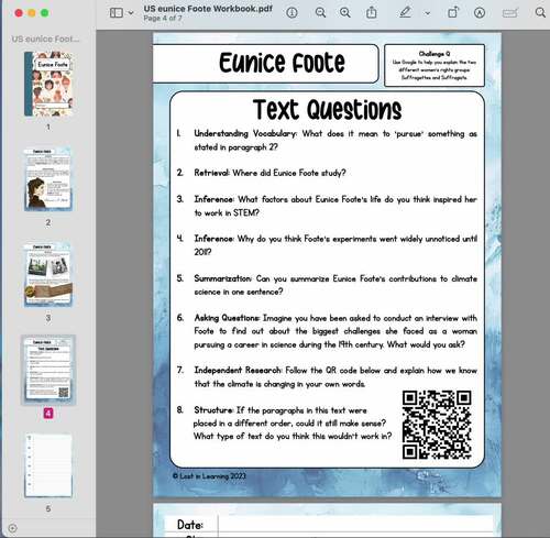 Eunice Foote || Women in STEM || Guided Reading Comprehension || Text & Qs