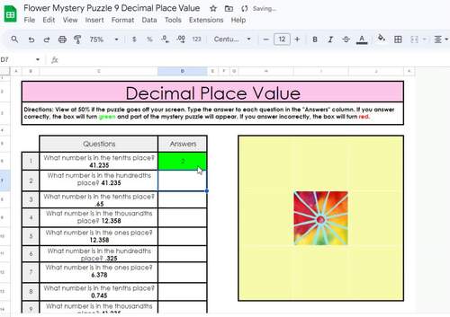 Decimal Place Value Self Checking Mystery Picture by Sparked By Mrs Mark
