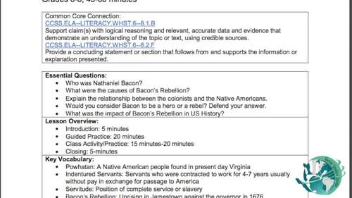 US History Middle School Lesson Plan: Bacon's Rebellion | TPT