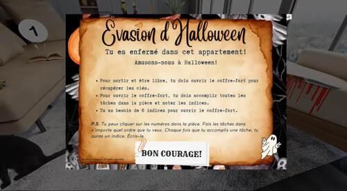 Jeu d'évasion Halloween Français FLE A1-A2, digital Escape Room game French