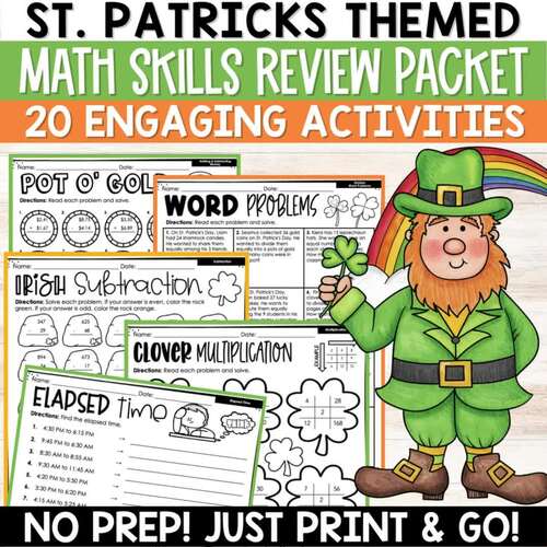 St. Patrick's Day Math Worksheets & Activities / NO PREP Math Review Packet