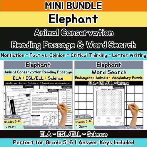 Elephant Mini Bundle | Reading Passage & Word Search | Grades 5-6