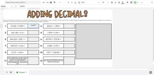 Adding Decimals Digital Mystery Puzzle Pixel Art | 5.NBT.7 | TPT