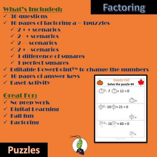 Fall Themed Factoring Trinomials with Number Sense Logic Puzzles in Algebra