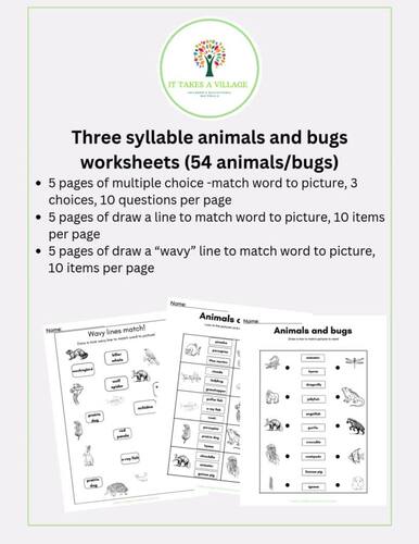 Speech-Three Syllable Animals & Bugs worksheets set-black + white graphics