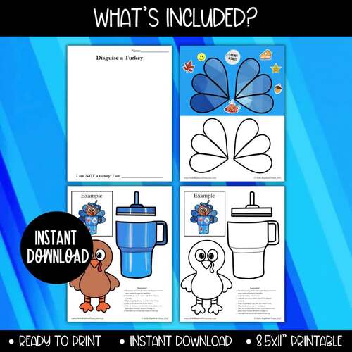 Blue Stanley Cup Turkey in a Disguise Craft, Thanksgiving Coloring ...