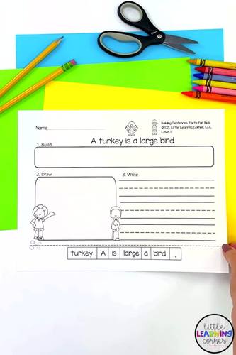 Building Sentences Turkey Facts for Kids | Kinder First Grade Writing ...