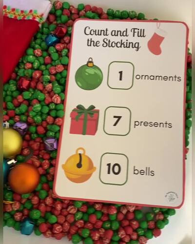Christmas Sensory Bin - Count and Fill the Stocking Math Cards | TPT