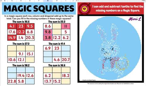 Decimal Addition and Subtraction Magic Squares Pixel Art - 5th Grade