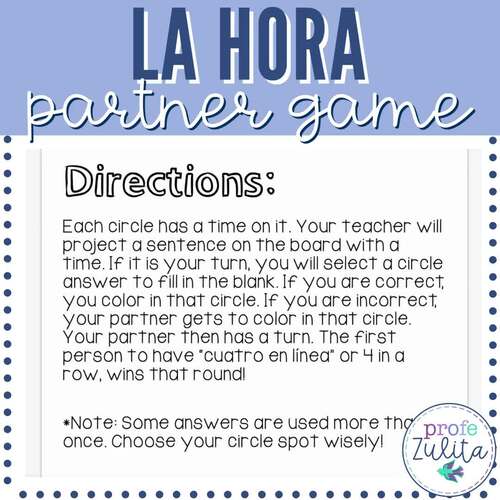 La Hora Telling Time in Spanish Review Game Cuatro en línea Activity