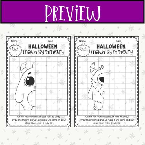 Monster Math Symmetry Drawing & Coloring NO PREP Halloween Activity