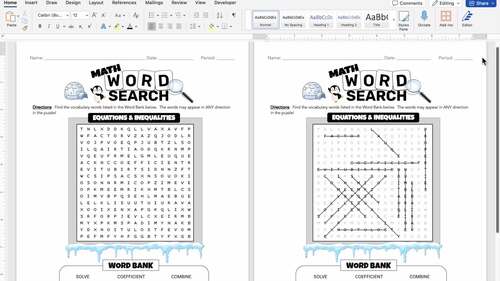 7th/8th Grade Math Winter Fun Worksheet: Word Search (Equations ...