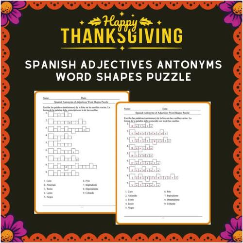 Spanish Adjectives Antonyms Thanksgiving Word Shapes Puzzles | TPT