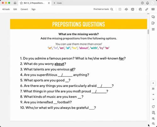ESL Upper Intermediate Lesson: Speaking Exercise Preposition Questions