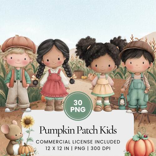 Pumpkin Patch Kids Watercolor Clipart by Ikota Design | TPT