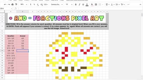 Adding and Subtracting Fractions Pixel Art (5.NF.A1) | 2 Differentiated ...