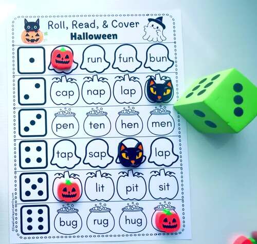 Halloween Roll, Read, & Cover – Hands-On CVC Word Game for Kindergarten