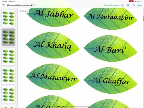 99 Names of Allah Tree Leaves Islamic printable English Arabic Version