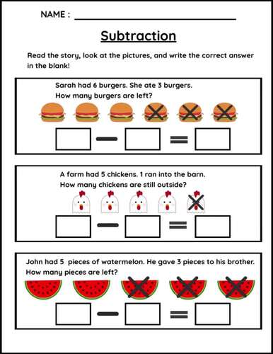 Subtraction Word Problems | Math Worksheets for 1st 2nd Grade | TPT