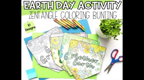 Earth Day Activity - Coloring Zentangle Bunting, Bulletin Board | TPT