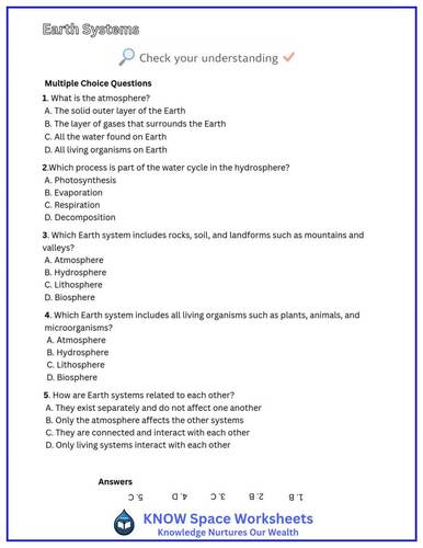 Earth Systems: Atmosphere, Hydrosphere, Lithosphere & Biosphere Worksheet