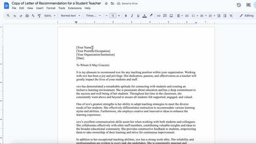 Letter of Recommendation for a Student Teacher: Editable Google Docs ...