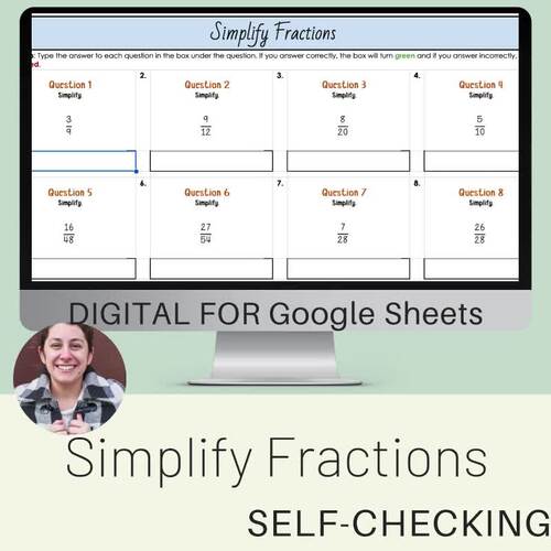 Simplify Fractions - Self Checking Worksheet by Math with Ms Baron