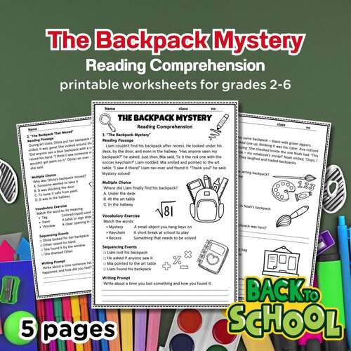 The Backpack Mystery Reading Comprehension Worksheets, Back to School ...