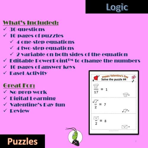 Valentine's Day Solving Equations | Number Sense Logic Puzzles | Algebra 1