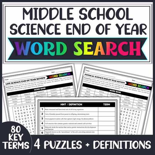 Middle School End of Year Science Review Word Search Activity Packet