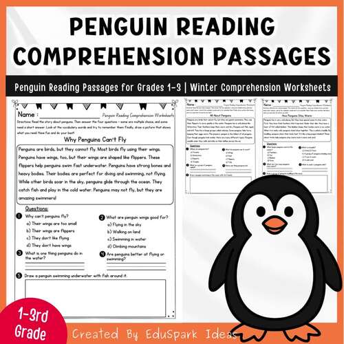 Penguin Reading Passages for Grades 1–3 | Winter Comprehension Worksheets
