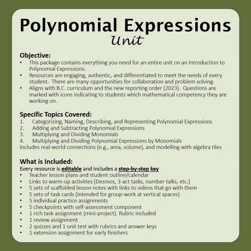 BC Math 9 Polynomial Expressions Unit | No Prep! Differentiated, Engaging!