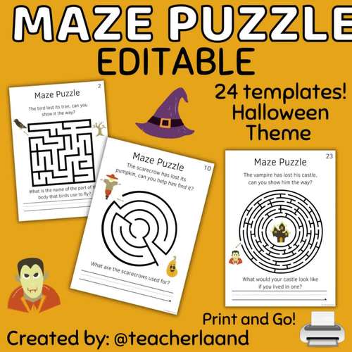 Halloween Maze Puzzle Worksheets for Mindful Puzzle EDITABLE | TPT