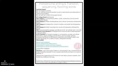French Reference Card Speaking Writing Improve Proficiency Novice ...