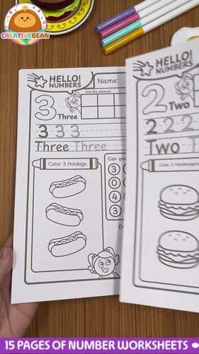 Hello Numbers 1-10! Food Fun Worksheets for Kindergarten Math (No Prep)