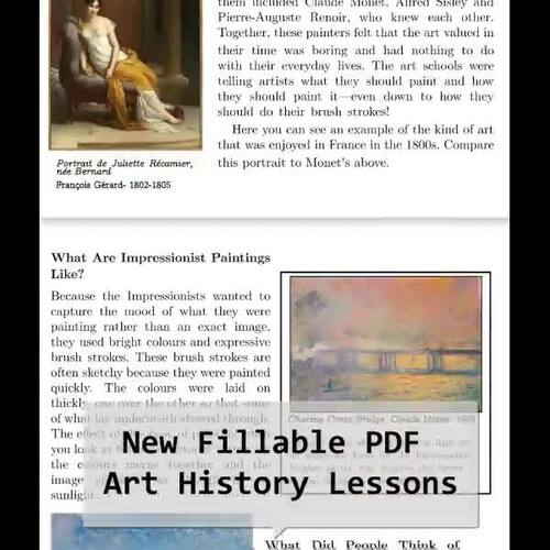 Art History Lessons - Fillable - Impressionism, Cubism, Pointillism - Subs