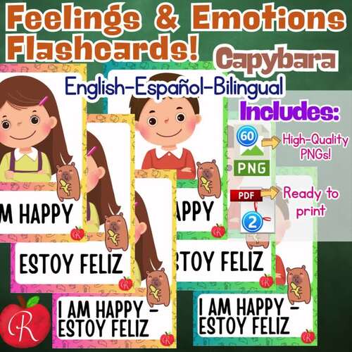 Feelings and Emotions Flashcards – SEL, Bilingual English Spanish, Capybara