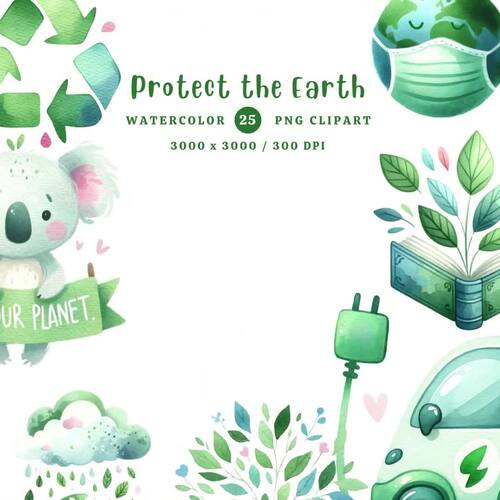 Protect the Earth Watercolor Clipart PNG by Adorable Clipart | TPT