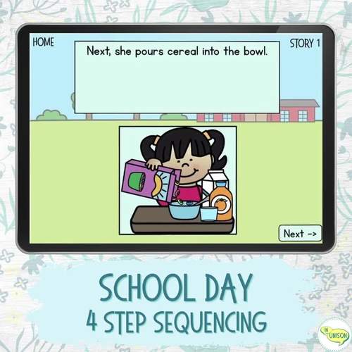 School Day 4 Step Sequencing Boom Cards™ with Short Stories and Audio